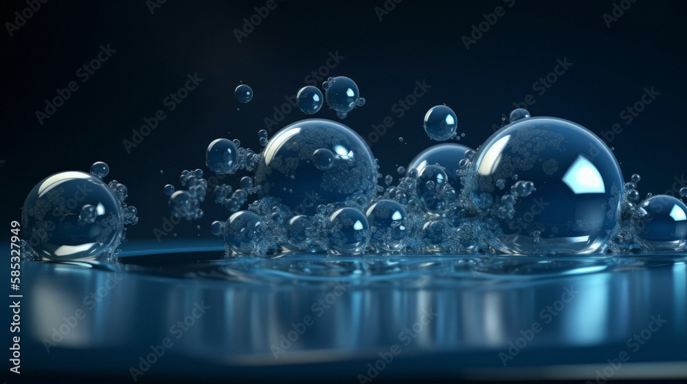 Monochromatic blue water bubble in motion, 3D render on blue background ...