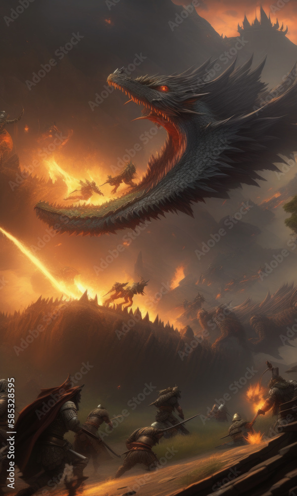 ai generated epic battle scene between a huge dragon and army of orcs ...