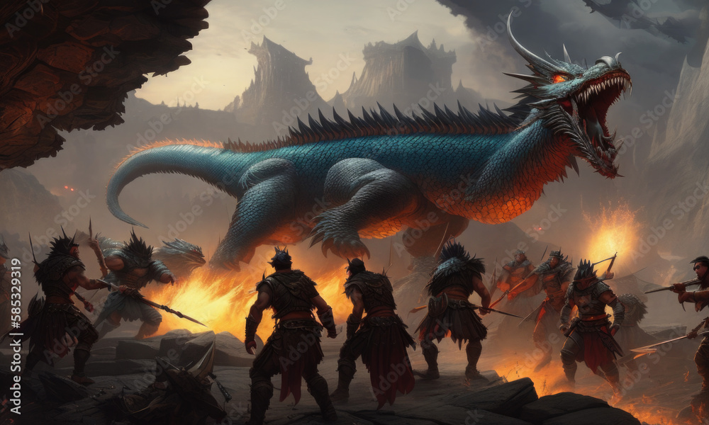 ai generated epic battle scene between a dragon and an army of orcs ...