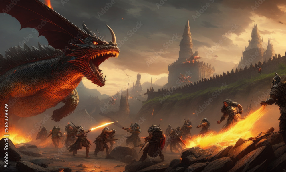 ai generated epic battle scene between a dragon and an army of orcs in ...