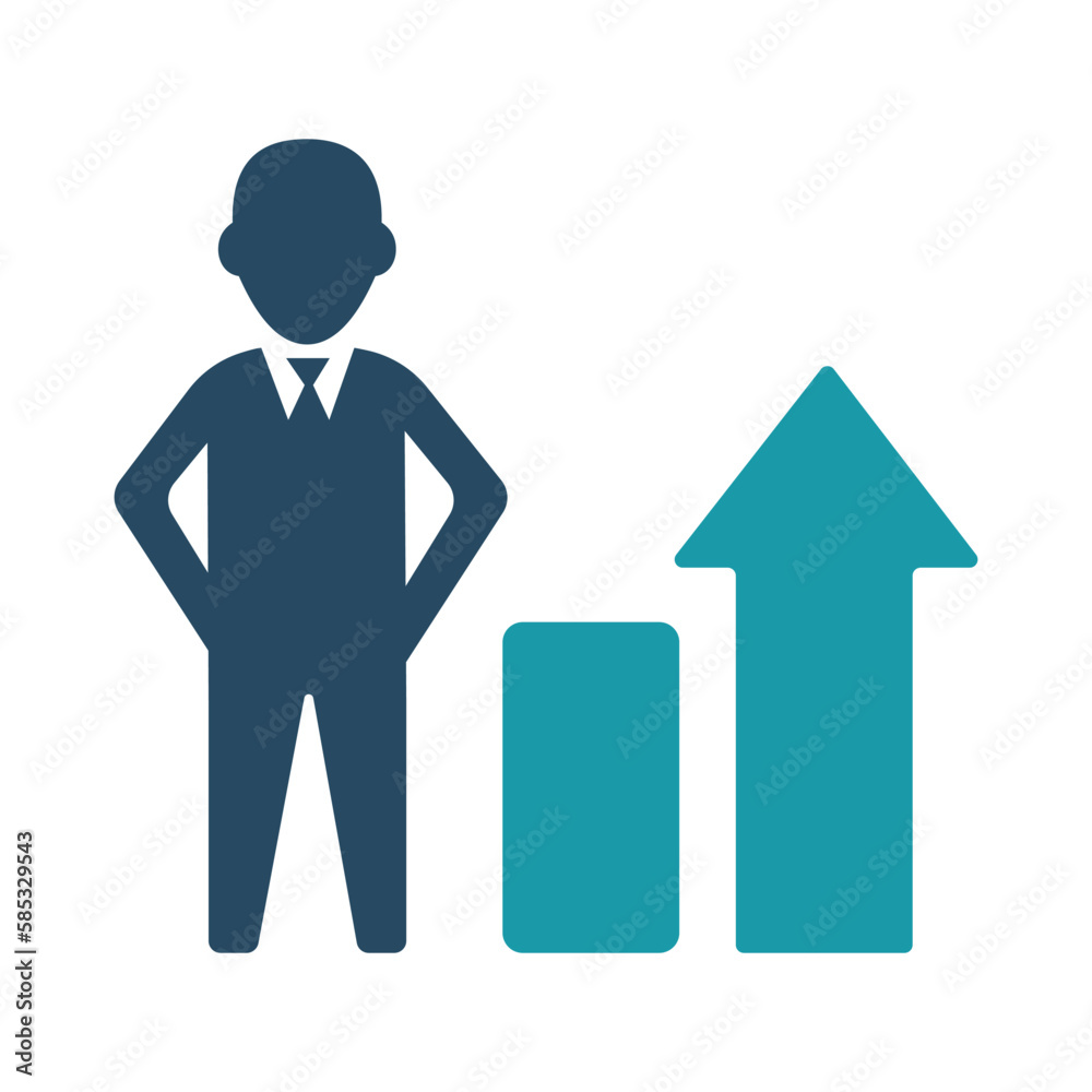 Employement growth icon, Businessman with upward red arrow walking on ...