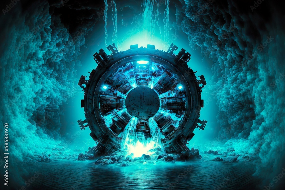 Bright blue details of internal structure of nuclear power plant in ...