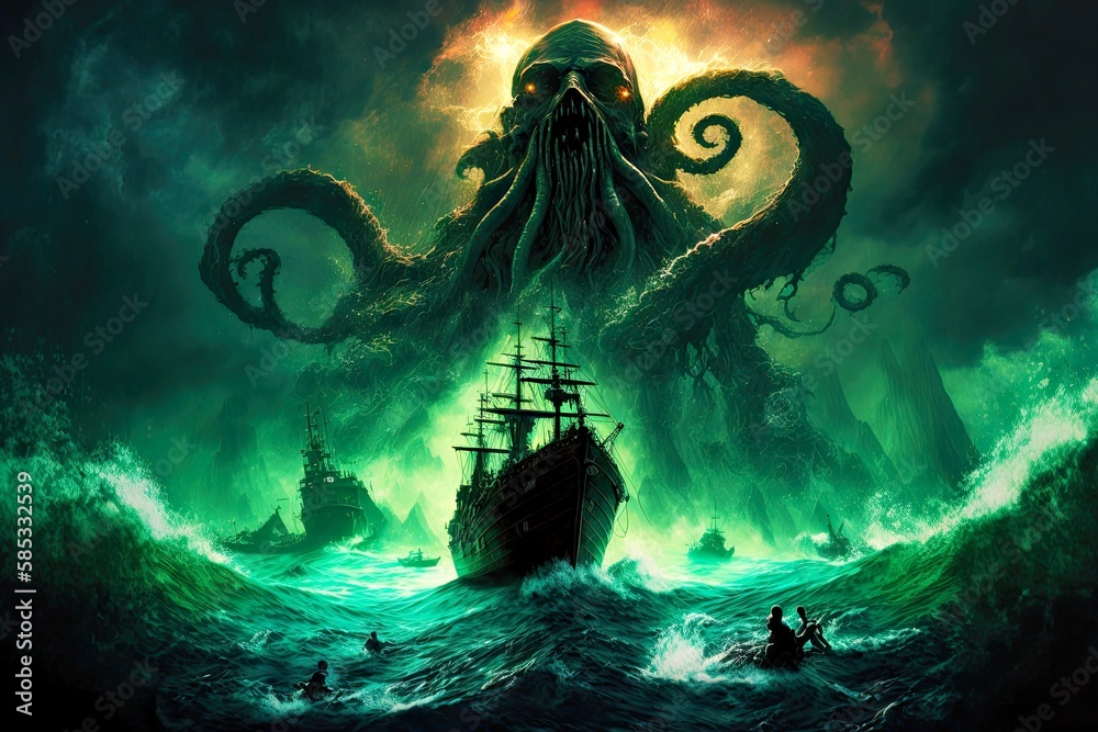 Giant octopus sea sticks out of sea above ship during storm, created ...