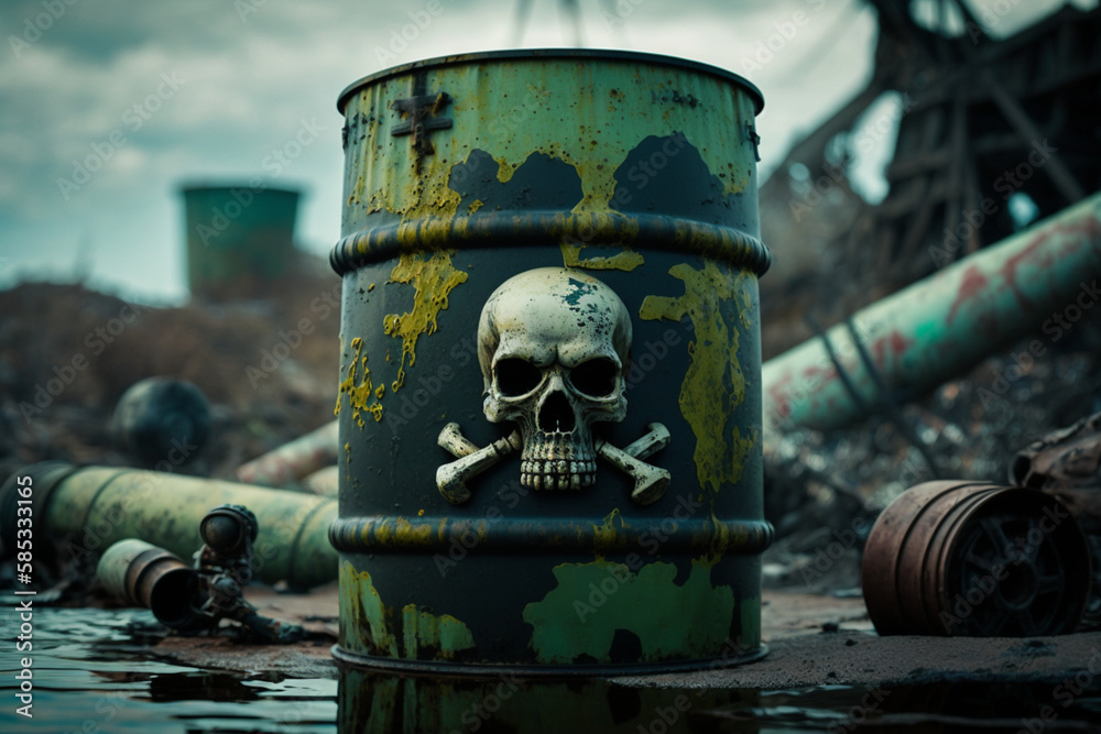 Waste barrel on the shore. Ocean pollution. radioactive waste ...