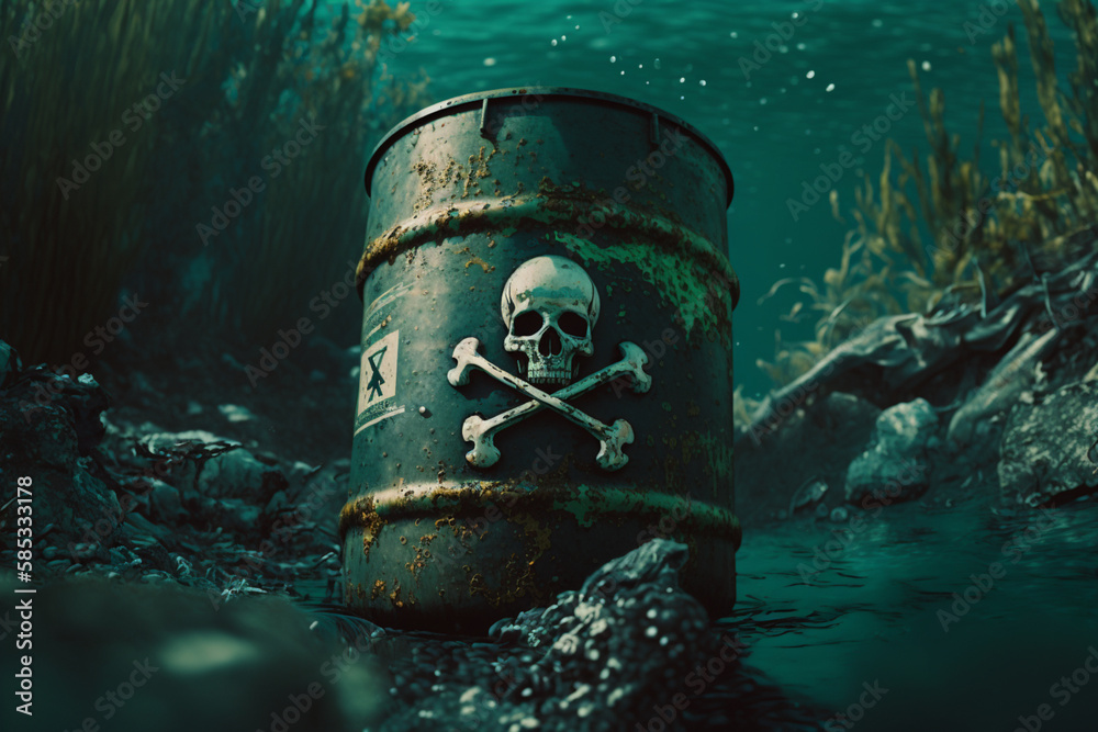 Barrel with waste under water. Ocean pollution. radioactive waste ...