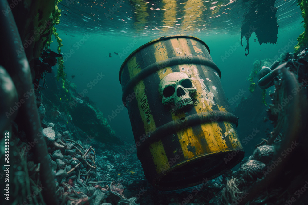Barrel with waste under water. Ocean pollution. radioactive waste ...