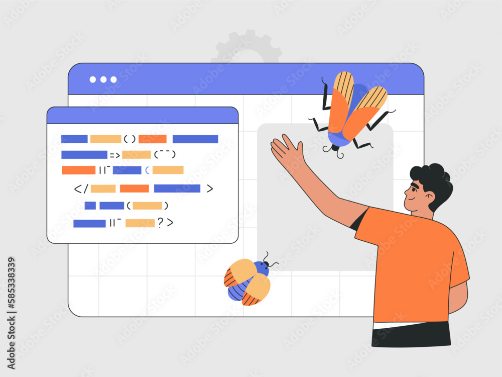 IT specialist testing software in search of bugs. Development, coding ...