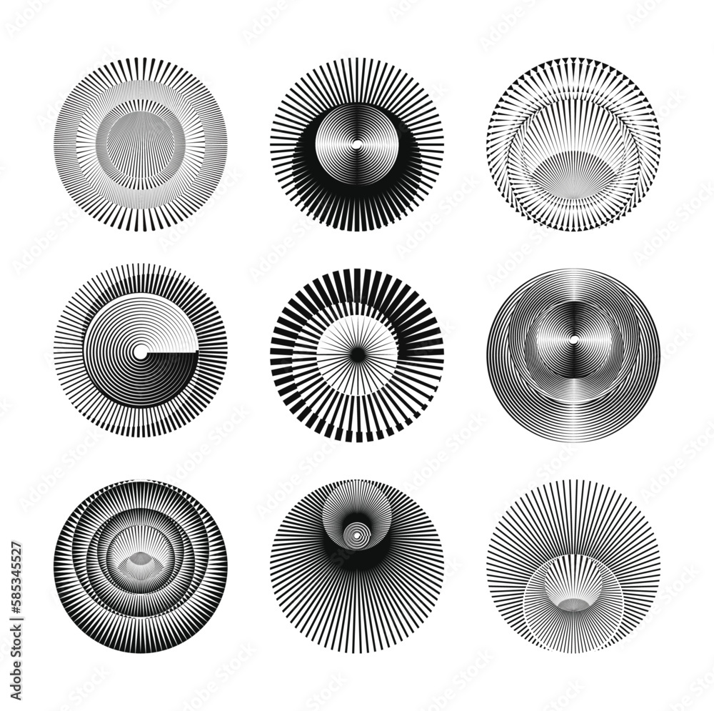 Stockvector Set of black different size spiral lines. optical geometric ...