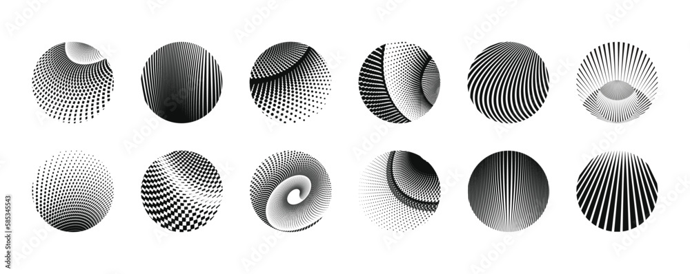 Set of black different size spiral lines. optical geometric art design ...