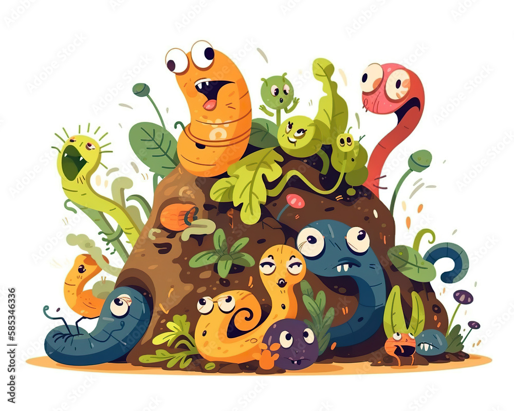 Organic kitchen waste and food recycling concept. Cartoon compost worms ...