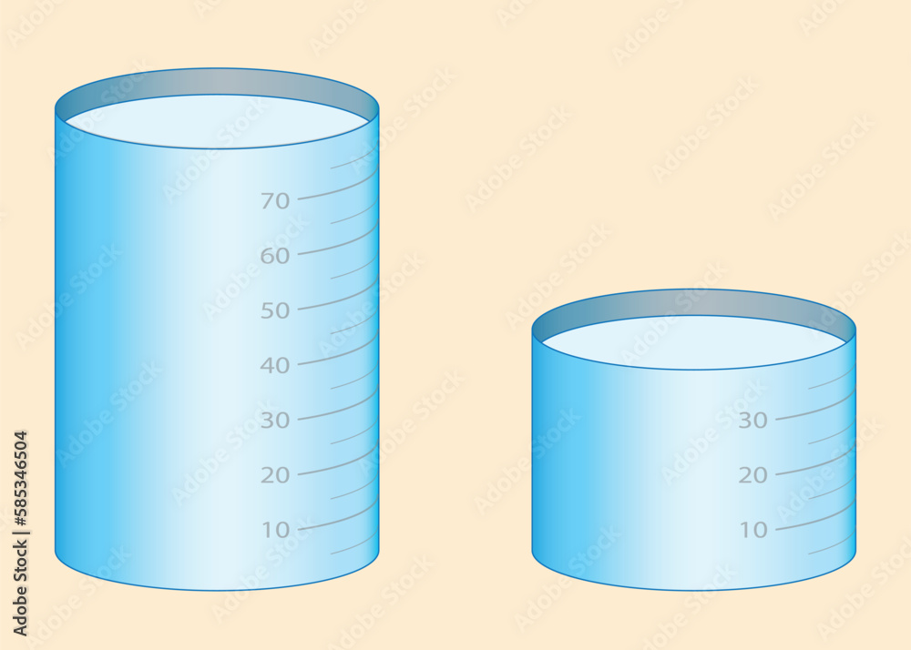 Physics. Scaled, small and large water containers. Science experiment ...