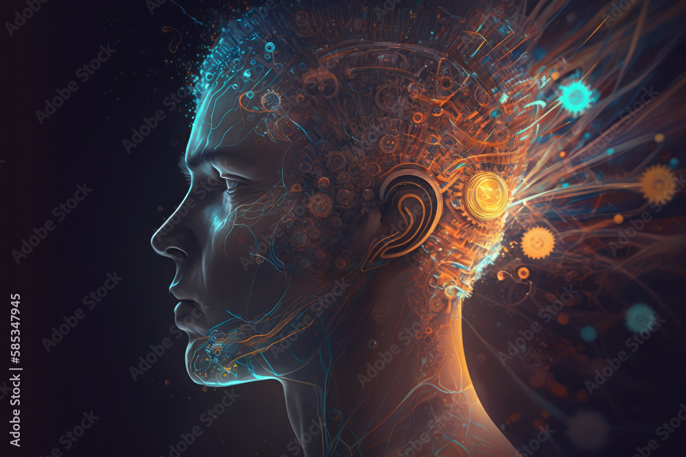 Meditation concept with human head silhouette glowing esoteric neurons ...