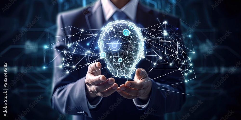Artificial intelligence Technology. Businessman working on virtual digital brain. Data science ...