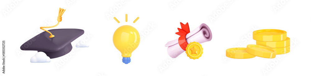 3d education icons. graduate hat, certificate diploma, light bulb ...