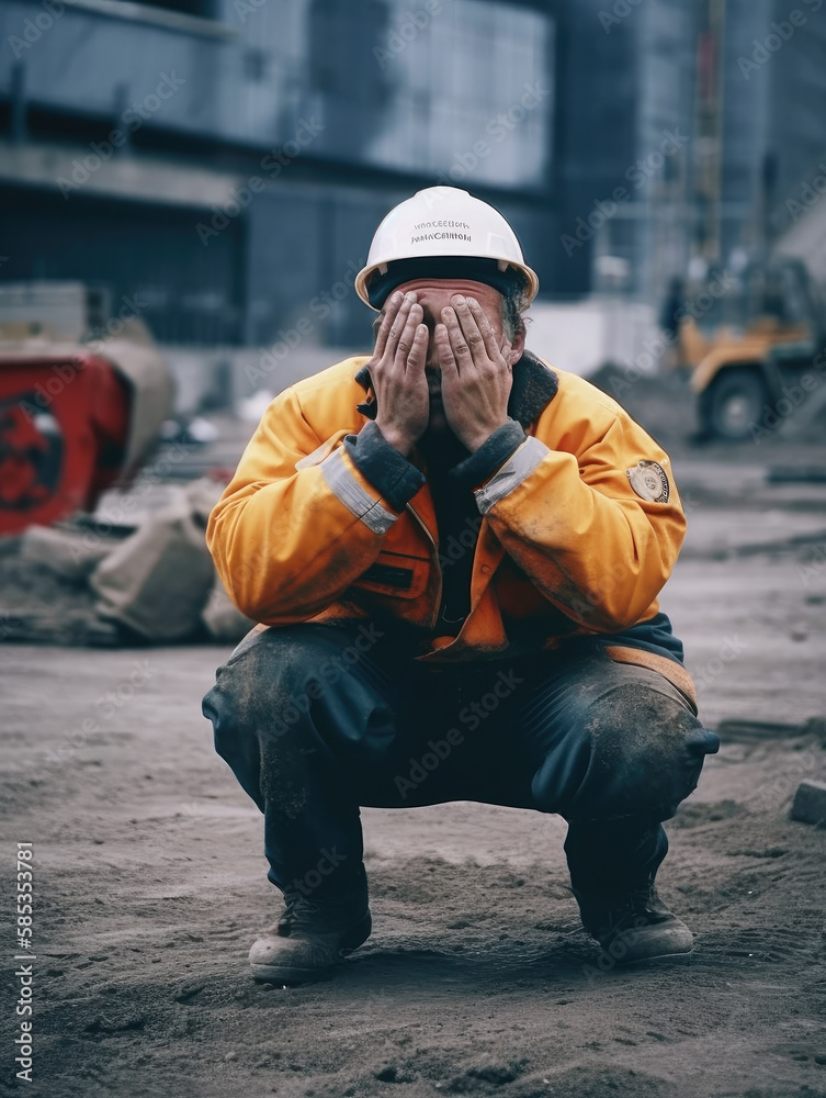 A sad construction worker lost his job. broken, he hides his face in ...