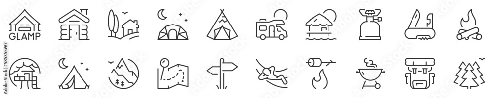 Glamping, and camping thin line icon set. Symbol collection in ...