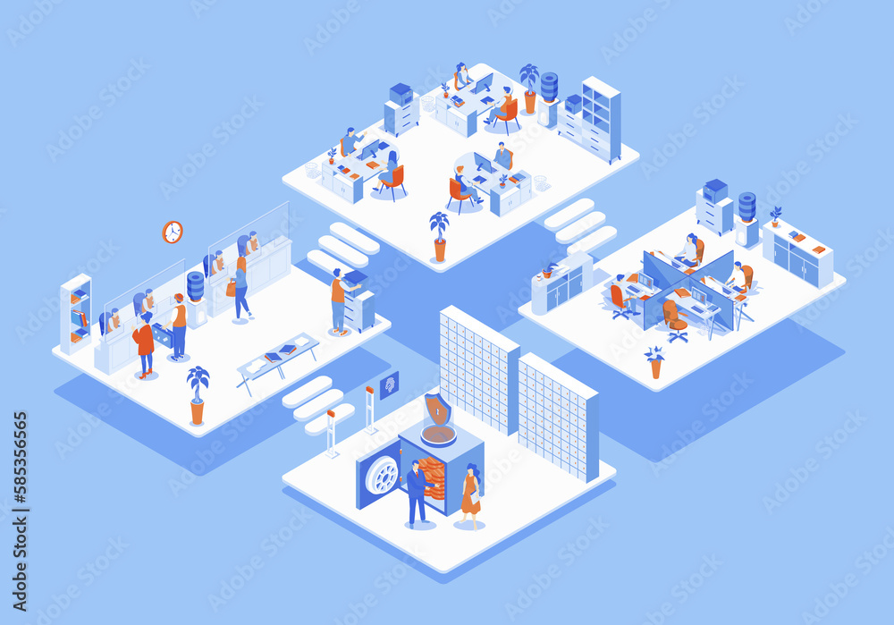 Bank concept 3d isometric web scene with infographic. People working at ...