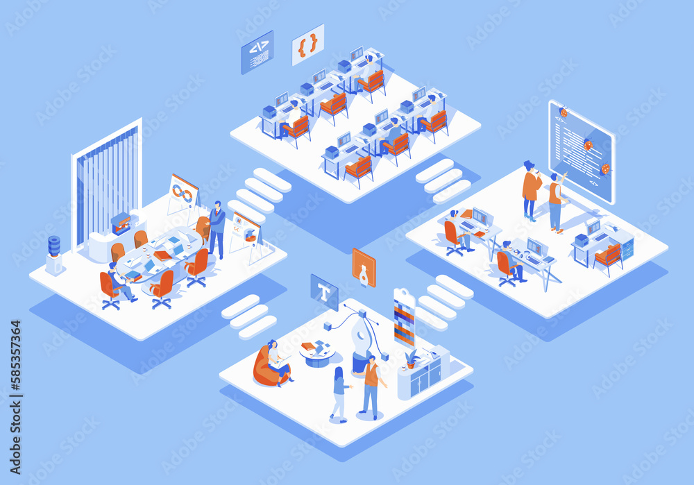 Development company concept 3d isometric web scene with infographic ...