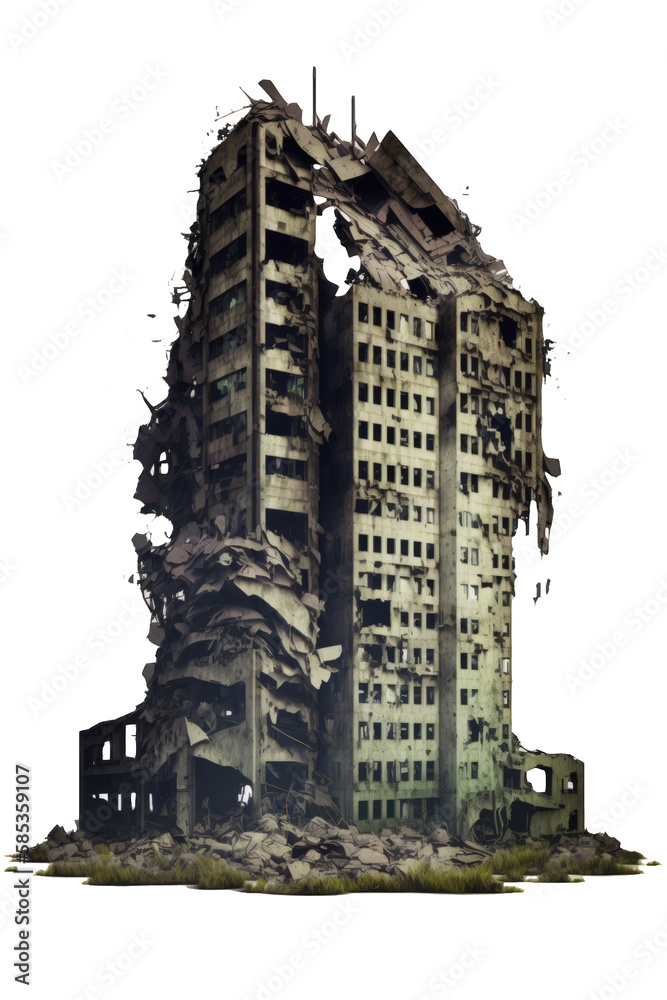 The image shows a post-apocalyptic scene of ruined skyscrapers ...