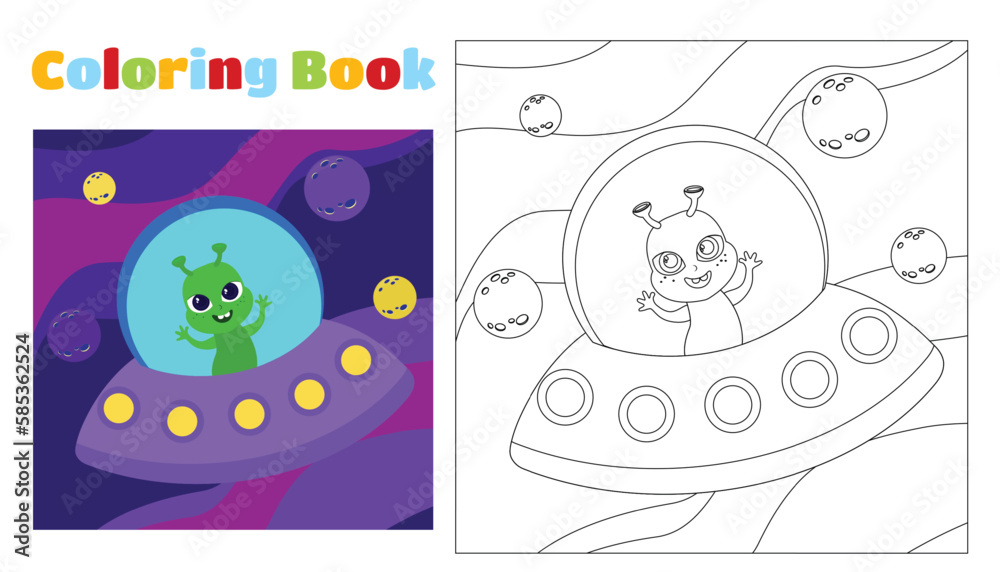Children's coloring friendly alien flies in space on a flying saucer ...