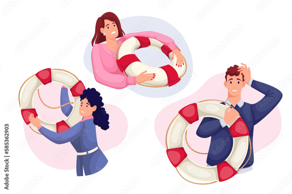 Business people holding lifebuoy set vector illustration. Cartoon ...
