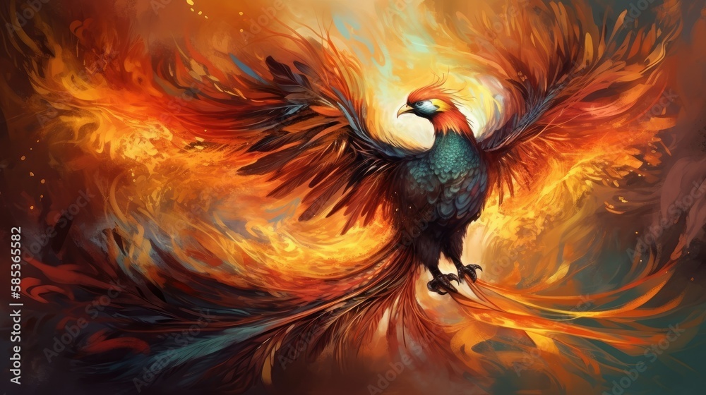 A majestic phoenix rising from the ashes of a fire. The bird is ...