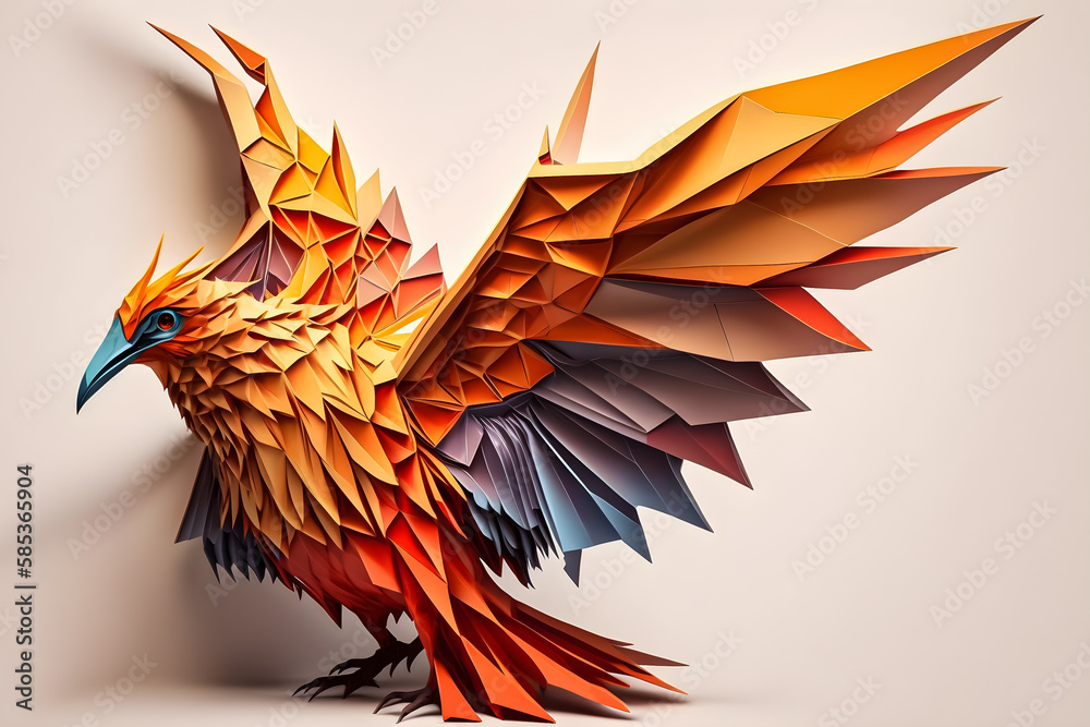Meticulously folded origami phoenix, adorned with fiery hues of red and ...