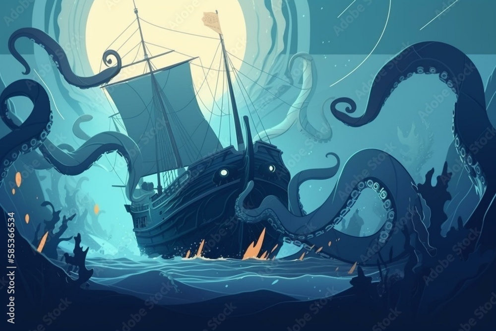 Kraken under the deep sea attacking and sinking the ship. Mythical creatures concept. Generative ...