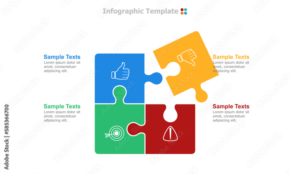 Four pieces jigsaw puzzle squares diagram template with white icon ...