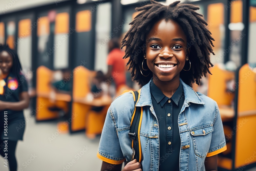 A smiling happy pretty young African American school girl. Black ...