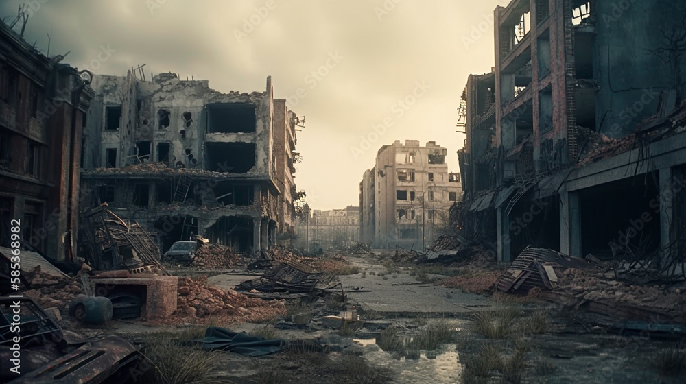 A post-apocalyptic ruined city. Destroyed buildings, destroyed roads ...