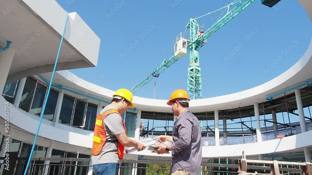 Two young structural engineer and architect dressed in orange work ...