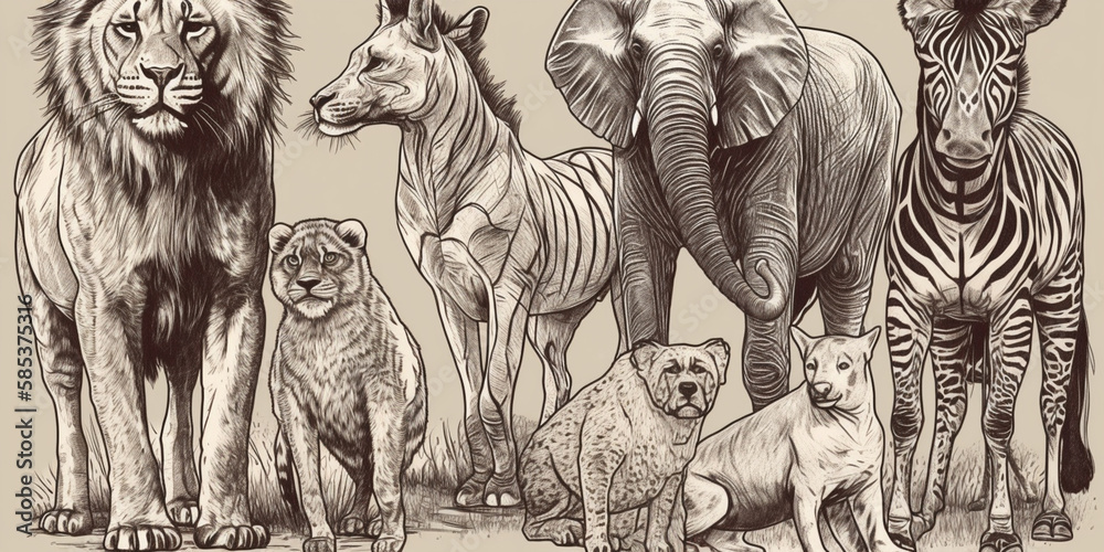 Hand-drawn black and white sketch set of wild animals from Africa ...