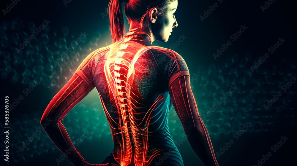 Women with back pain, sports injury and fitness, spine x-ray and ...