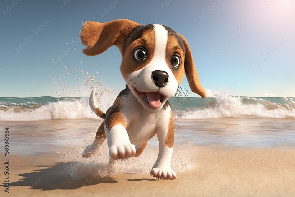 Cute Cartoon Beagle Running through the Sand at the Beach (Generative ...