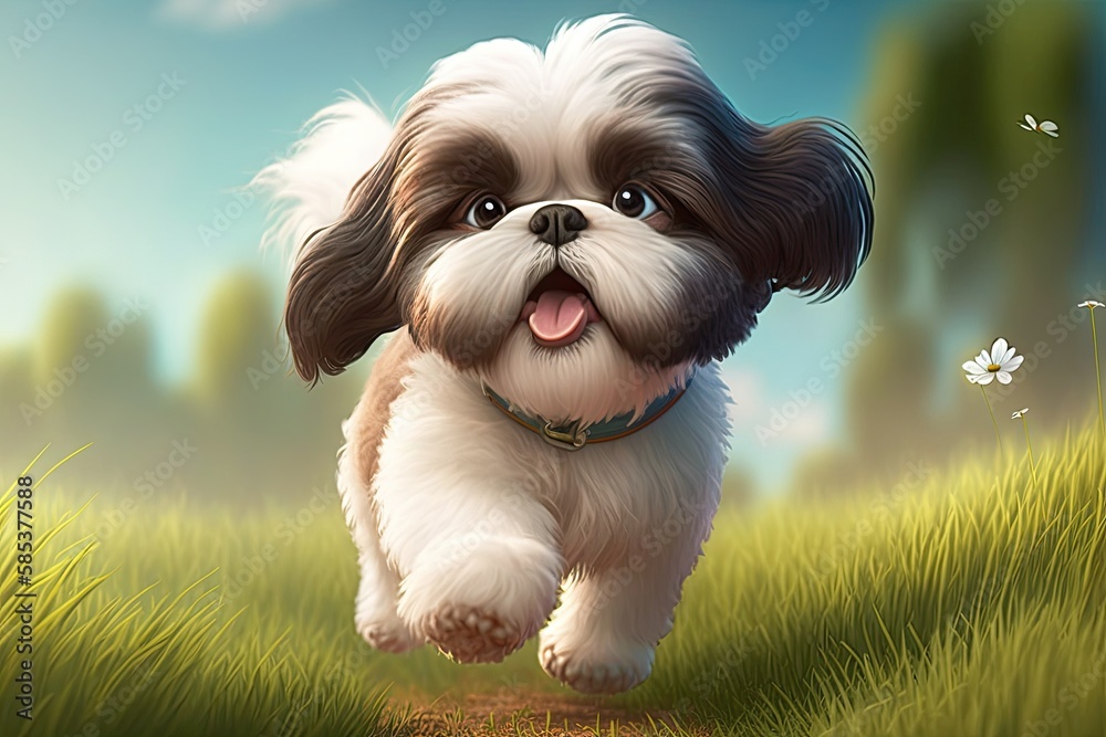 Cute Cartoon Shih Tzu Running through a Meadow (Generative AI) Stock ...