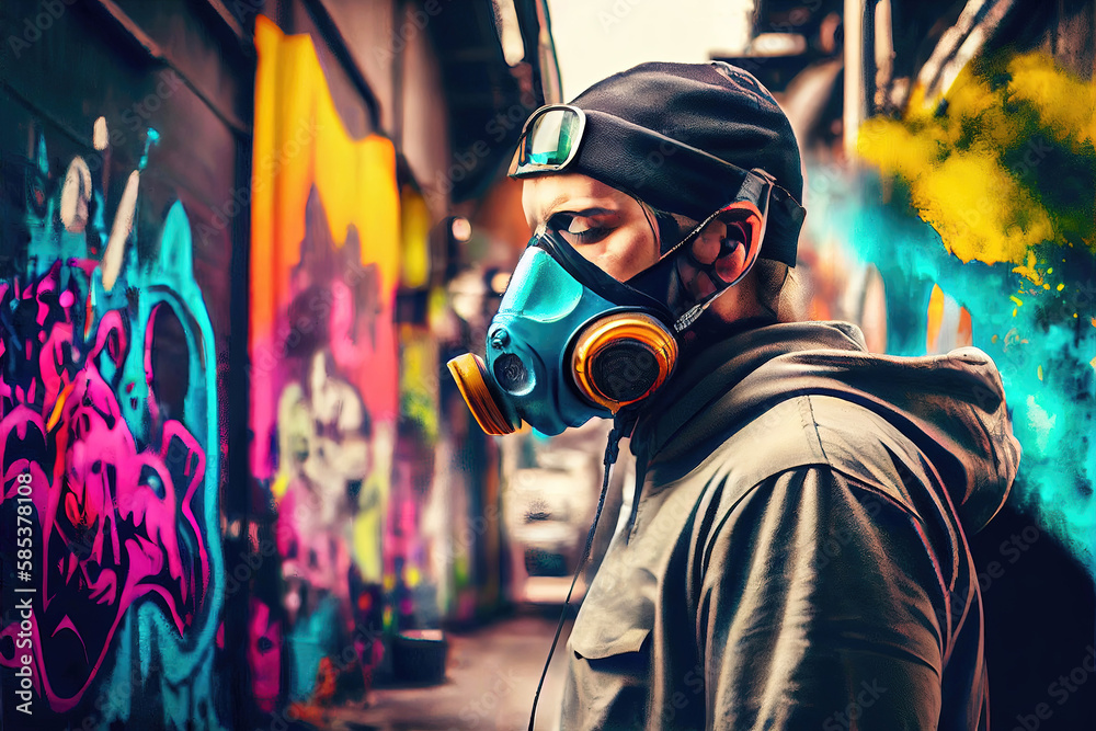 Graffiti sprayer with face mask in urban street with painted walls ...