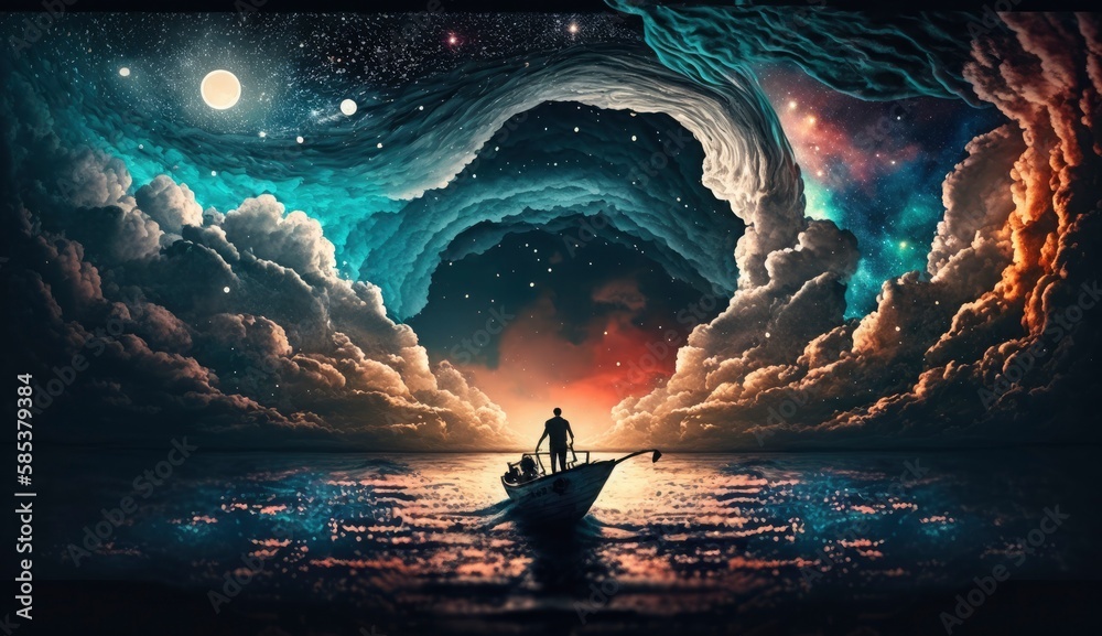 surreal scenery of the man on a boat in the outer space with stars and ...