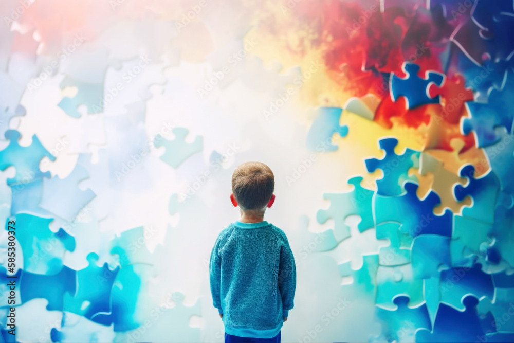 Boy is standing in front of wall made of puzzle pieces. Childhood ...