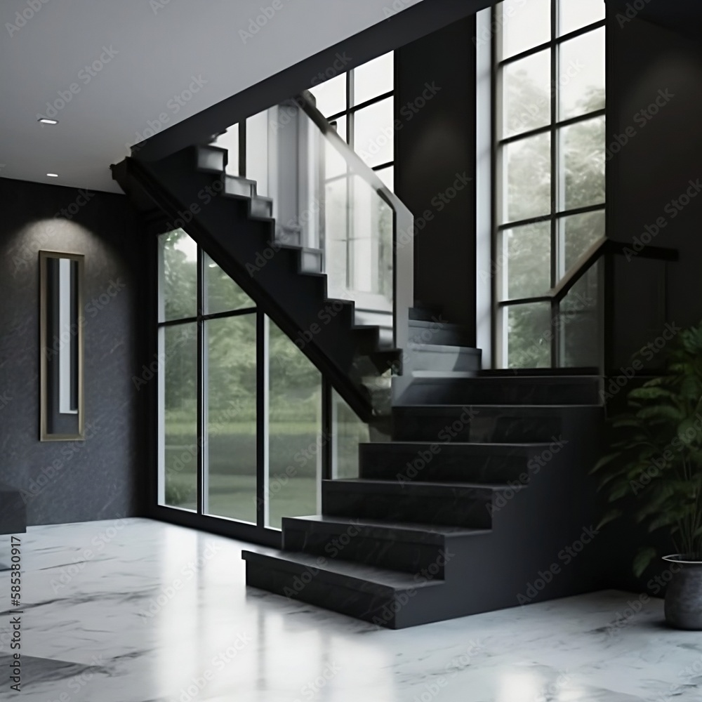 Modern, elegant U shape black cement stone stair, landing staircase ...