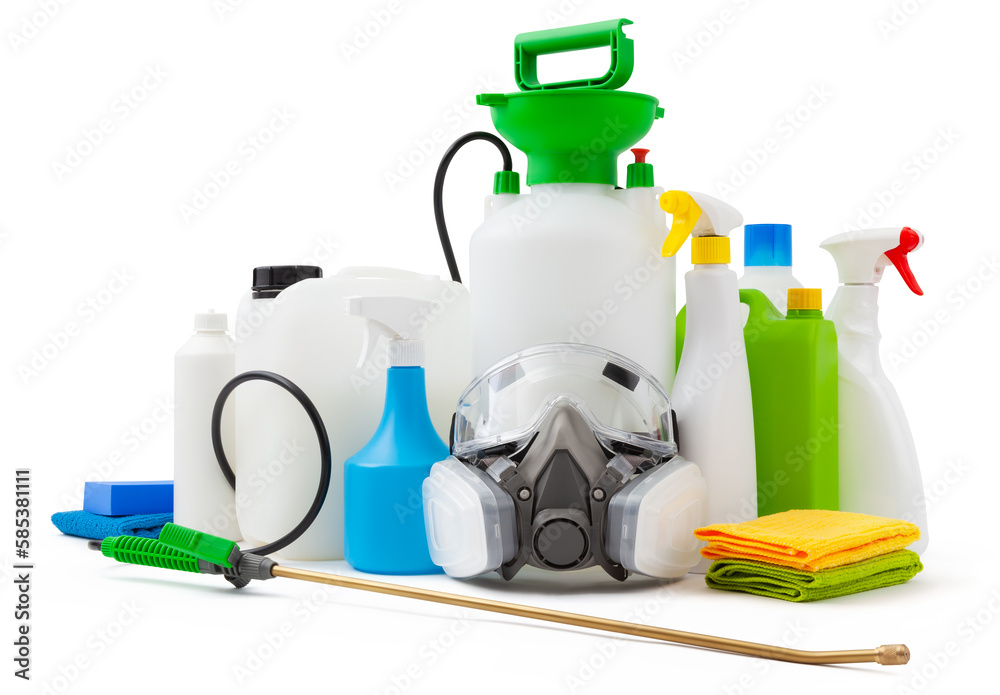 Cleaning and disinfection tools kit, isolated on white background ...