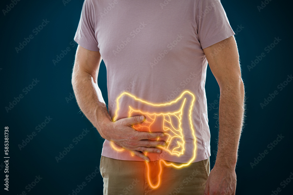 The man holding his stomach in pain. Male body with a picture of a ...