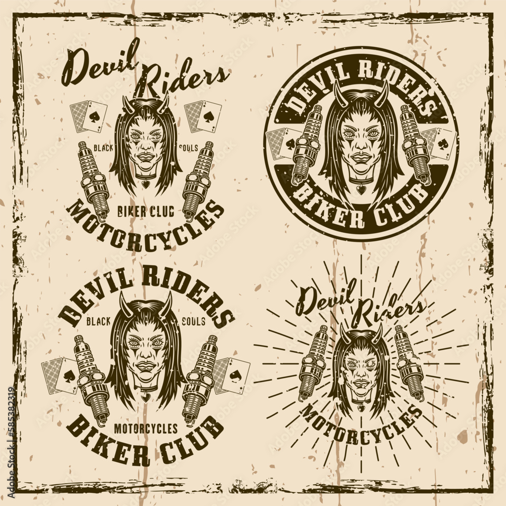 Biker club set of four vector emblems, logos, badges, labels, stickers ...