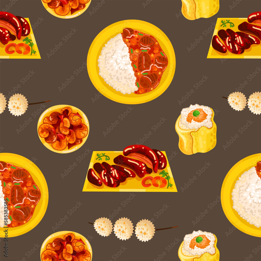 Chinese food seamless pattern. Hand drawn different types of asian food ...