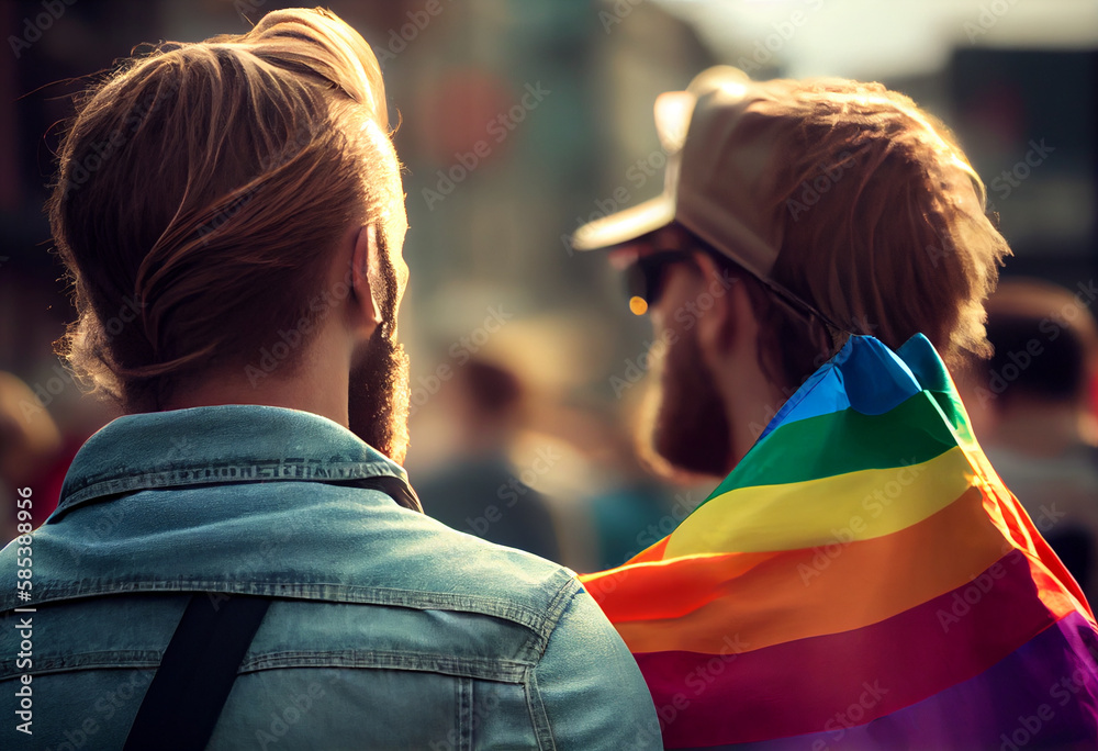 Cute men with lgbt flag on gay parade. AI generated Stock Illustration ...