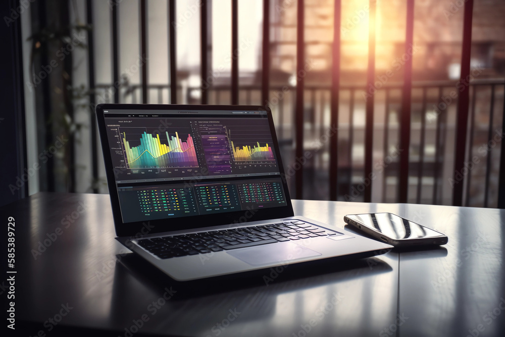 laptop on the table with financial charts visual effect on the photo ...