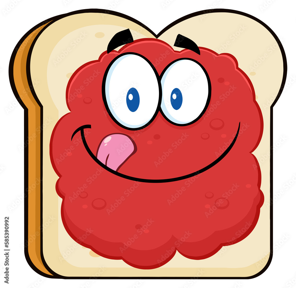 Toast Bread Slice Cartoon Character Licking His Lips With Jam. Hand ...