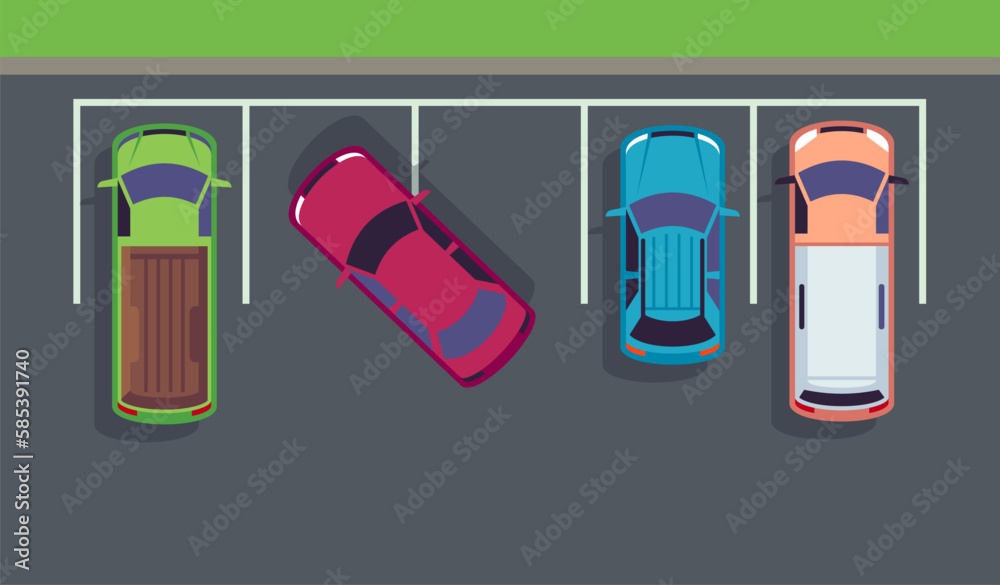 Bad, improper parking of car in parking lot, top view. Traffic rules in ...