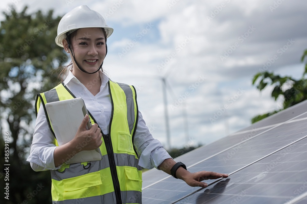 Asia woman engineer on Solar panel clean energy. woman engineer ...