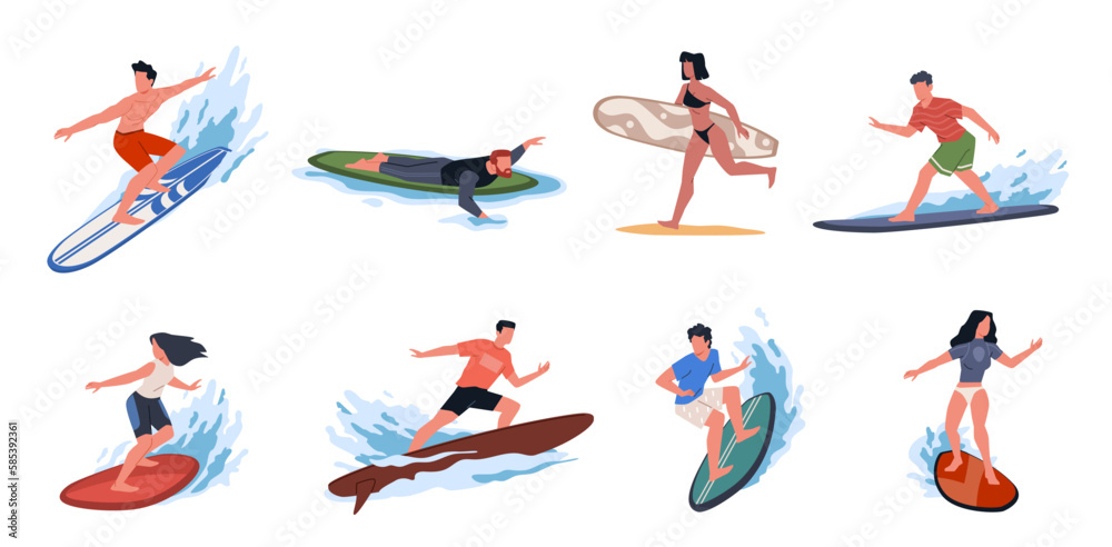 Cartoon happy surfers. Guys and girls ride boards on ocean and sea ...